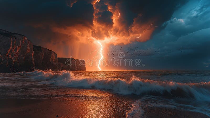 Lightning Strikes the Ocean Waves during a Dramatic Stormy Evening at ...