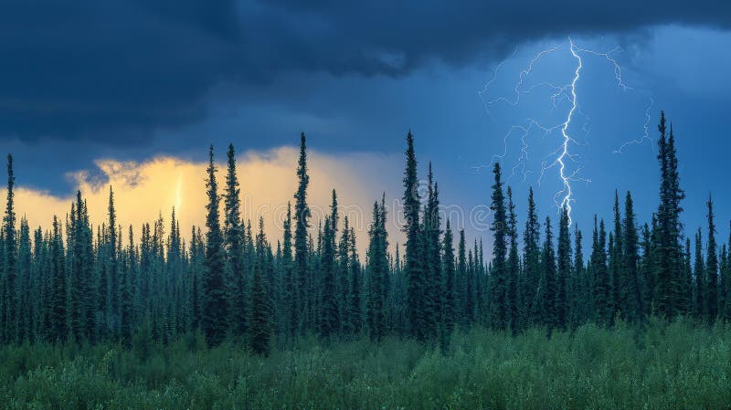 Lightning Strikes Over a Boreal Forest at Sunset Stock Photo - Image of ...
