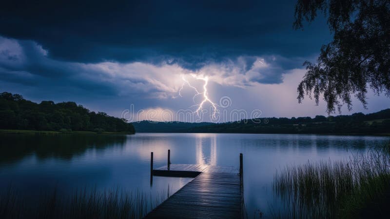 Lightning Strikes Over Calm Lake Dusk Stormy Clouds Stock Photos - Free ...