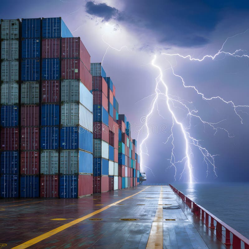 Lightning Strikes Over Cargo Ship Deck, Containers, Dramatic Sky ...