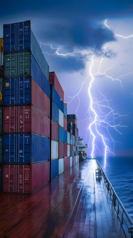 Lightning Strikes Over Cargo Ship Deck, Containers, Dramatic Sky ...