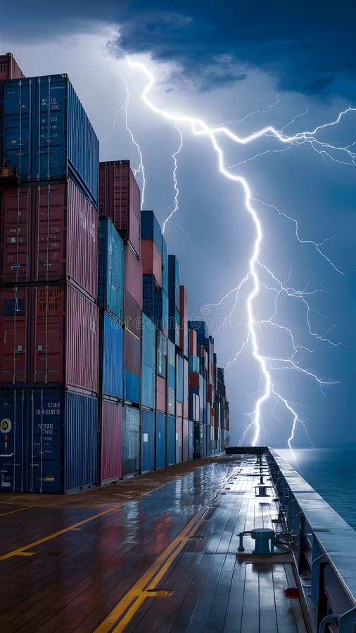 Lightning Strikes Over Cargo Ship Deck, Containers, Dramatic Sky ...
