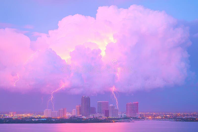 Lightning Strikes Over Cityscape at Sunset Beneath Dramatic Pink Clouds ...