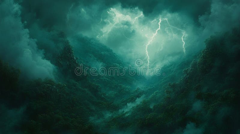Lightning Strikes Over a Misty Forest Landscape with Dramatic Cloudy ...