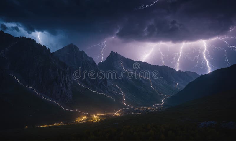 Lightning Strikes Over a Mountain Range, Illuminating the Night Sky ...