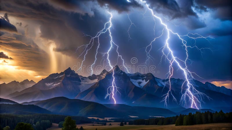 Lightning Strikes Over the Mountains Stock Illustration - Illustration ...