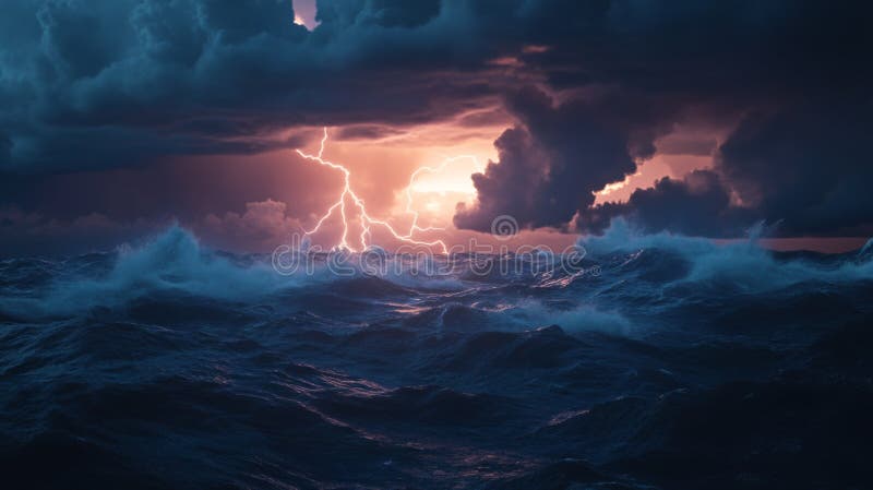 Lightning Strikes Over Rough Ocean Waves during a Storm Stock ...