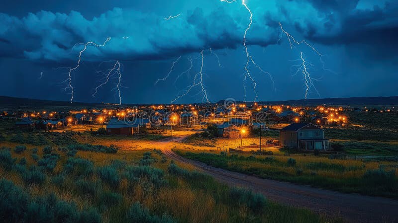 Lightning Strikes Over Small Town at Night Stock Illustration ...
