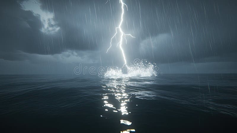 Lightning Strikes Over the Turbulent Sea while Powerful Waves Collide ...