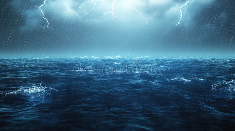 Lightning Strikes Over the Turbulent Sea while Powerful Waves Collide ...