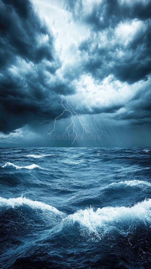 Lightning Strikes Over the Turbulent Sea while Powerful Waves Collide ...