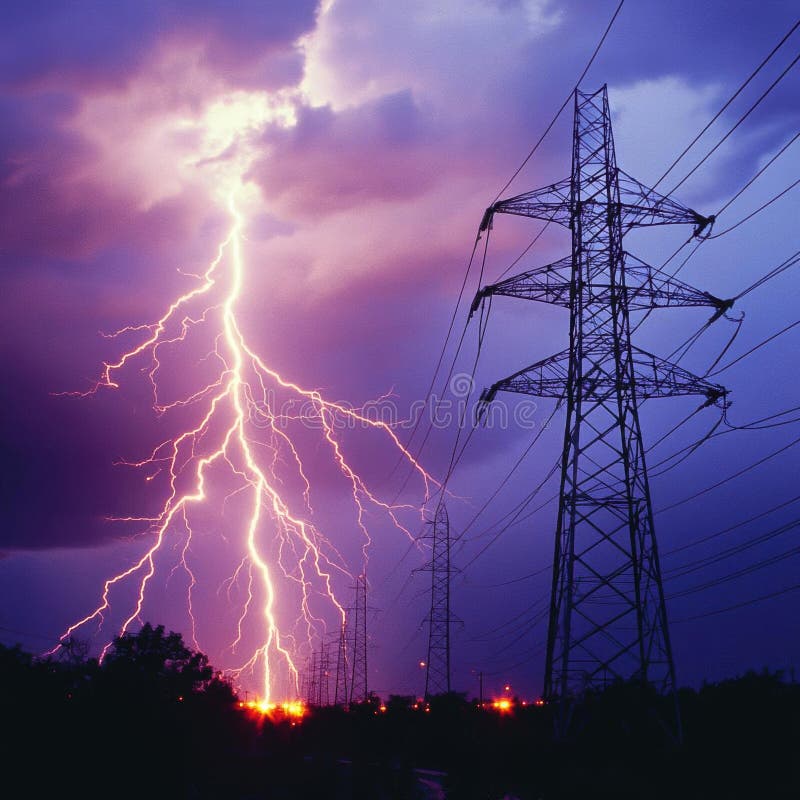 Lightning Strikes Power Line Tower during a Thunderstorm Stock Photo ...