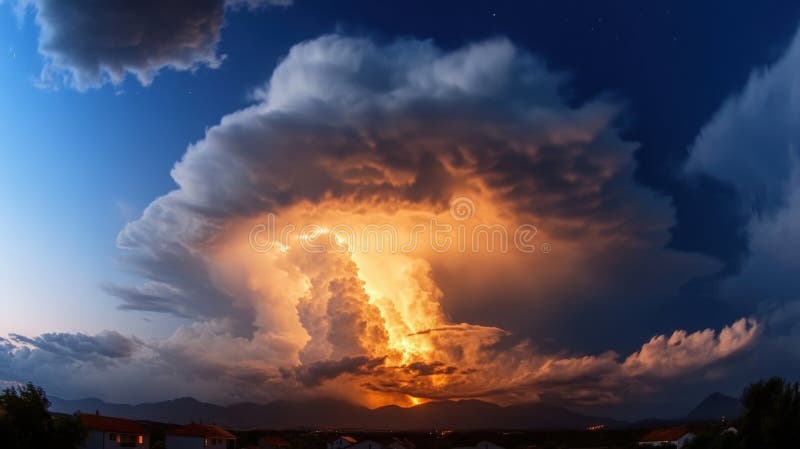 Lightning Strikes from a Powerful Supercell Storm Over a Field Stock ...