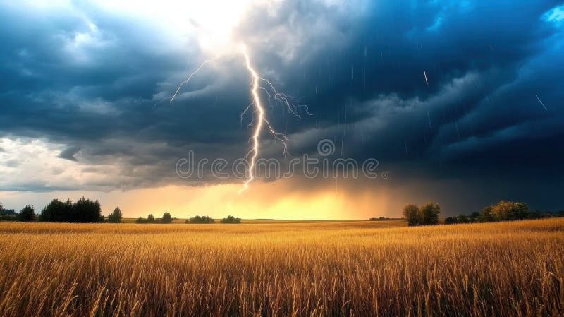 Lightning Strikes from a Powerful Supercell Storm Over a Field Stock ...