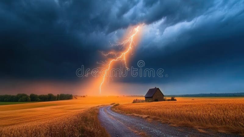 Lightning Strikes from a Powerful Supercell Storm Over a Field Stock ...