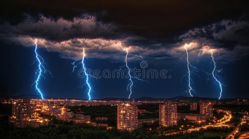 Lightning Strikes from a Powerful Supercell Storm Over a Field Stock ...
