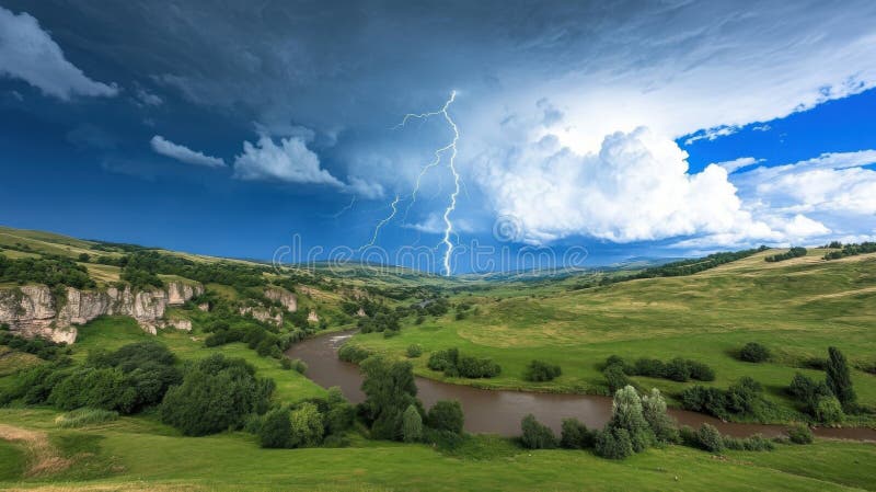 Lightning Strikes from a Powerful Supercell Storm Over a Field Stock ...