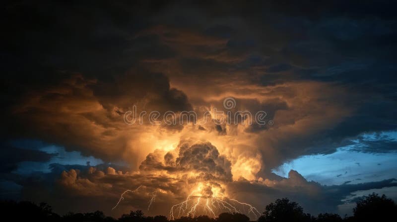 Lightning Strikes from a Powerful Supercell Storm Over a Field Stock ...