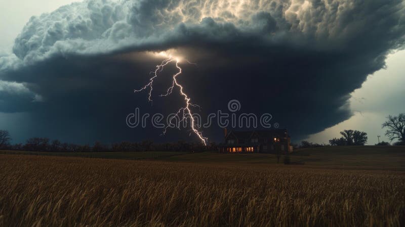 Lightning Strikes from a Powerful Supercell Storm Over a Field Stock ...