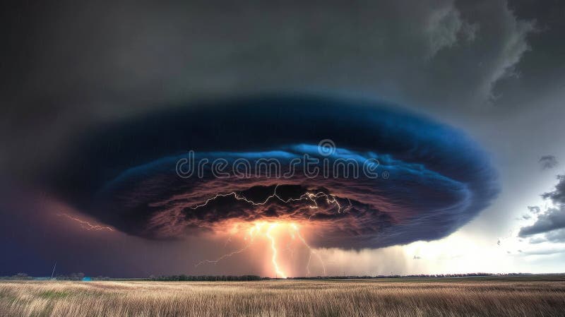 Lightning Strikes from a Powerful Supercell Storm Over a Field Stock ...