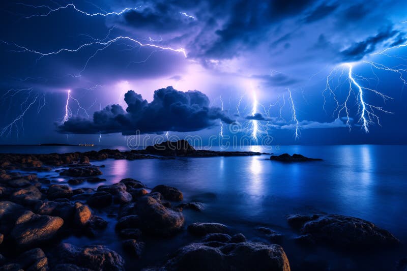 Lightning Strikes the Rocks on the Seashore at Night. Stock ...