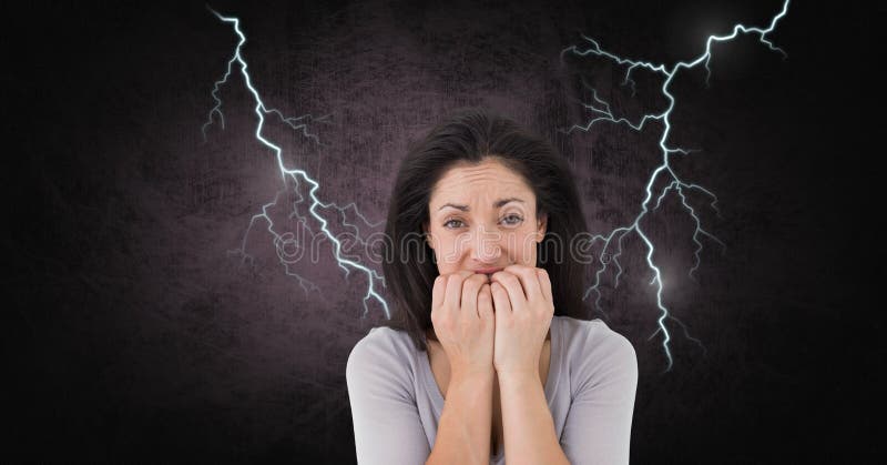Lightning Strikes and Scared Afraid Woman Biting Nails Stock ...