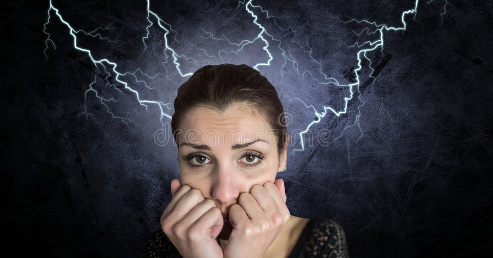 Lightning Strikes and Scared Afraid Woman Stock Photo - Image of ...