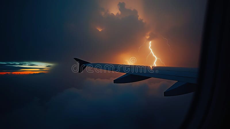 Lightning Strikes in the Sky during an Airplane Flight in the Evening ...