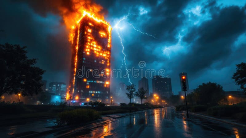 Lightning Strikes Skyscraper during Storm at Night with Intense Fire ...
