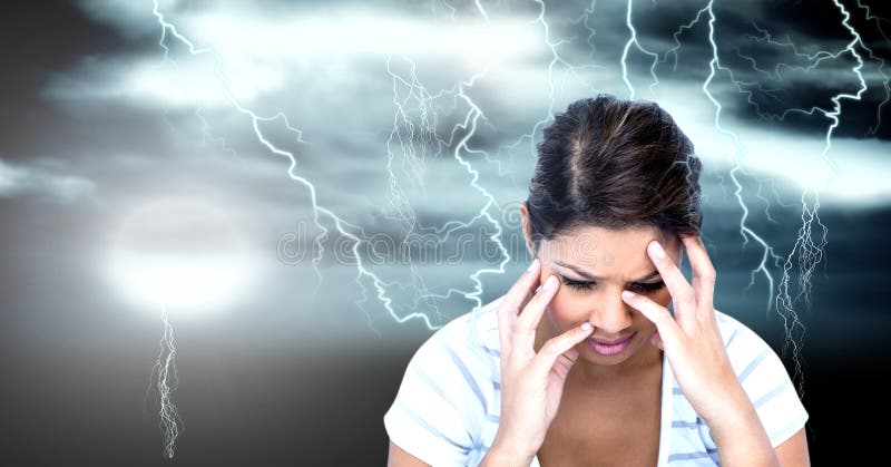 Lightning Strikes and Stressed Woman with Headache Holding Head Stock ...