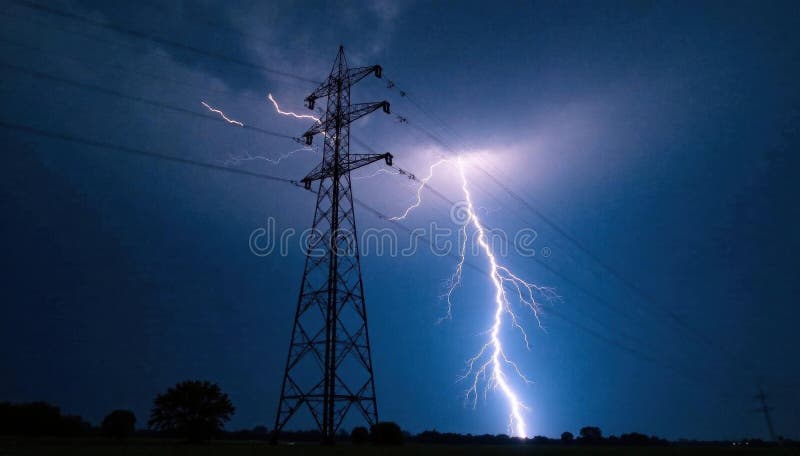 Lightning Strikes Tall Power Line, Bright Flash Illuminates Steel ...