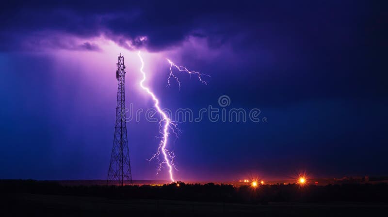 Lightning Strikes a Television Tower during a Nighttime Storm with ...