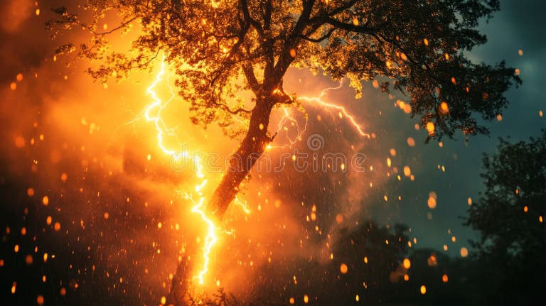 Lightning Strikes Tree Creating Sparks and Igniting Fire during a ...