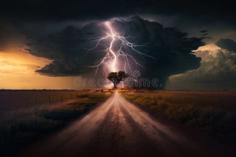 Lightning Strikes Tree in the Middle of Dirt Road. Generative AI Stock ...