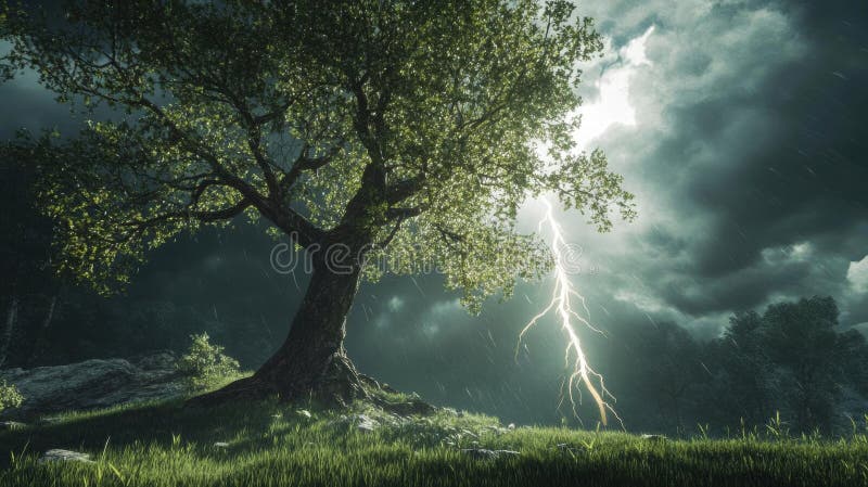 Lightning Strikes Tree during Rainstorm, Dramatic Weather with Nature S ...