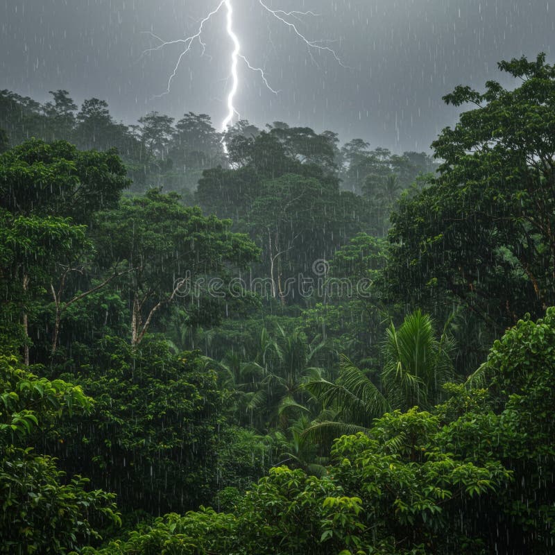 Lightning Strikes Tropical Rainforest during Heavy Rain Stock ...