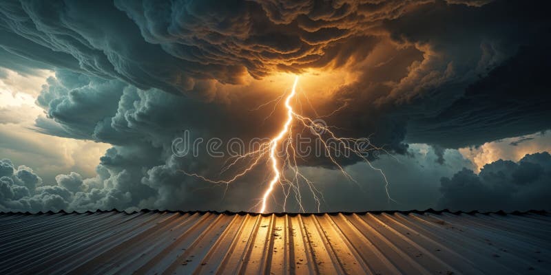 Lightning Striking Above Metal Roof during Dramatic Storm. Stock Photo ...