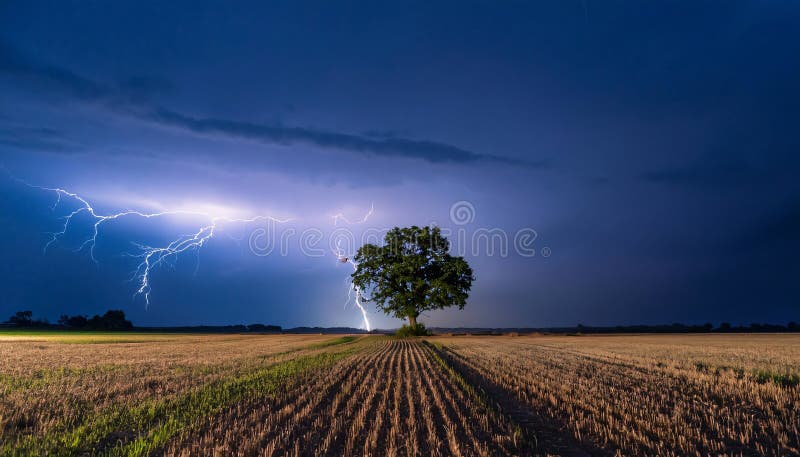 Lightning Striking Behind a Tree in a Field at Night Stock Image ...