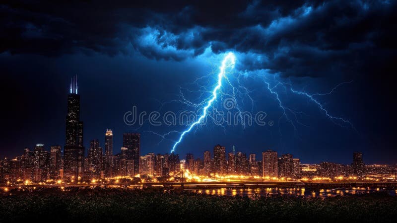 Lightning Striking Chicago Skyline at Night during Thunderstorm Stock ...