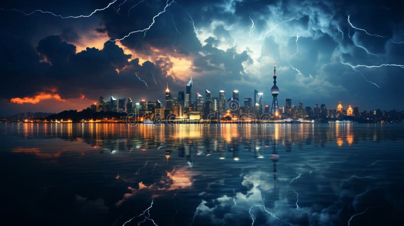 Lightning Striking a City Over Water. Generative AI. Stock Illustration ...