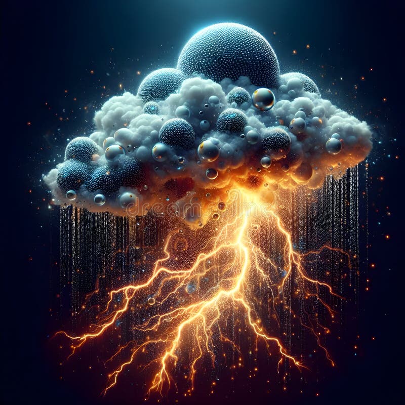 Lightning Striking from Cloud Made of Spheres in a Dark Sky Stock ...