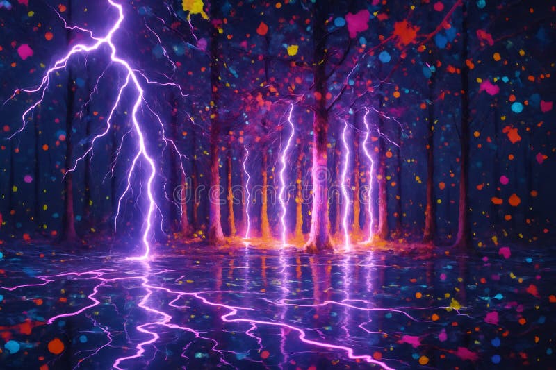 Lightning Striking Colorful Trees Reflected in Water in Surreal Forest ...
