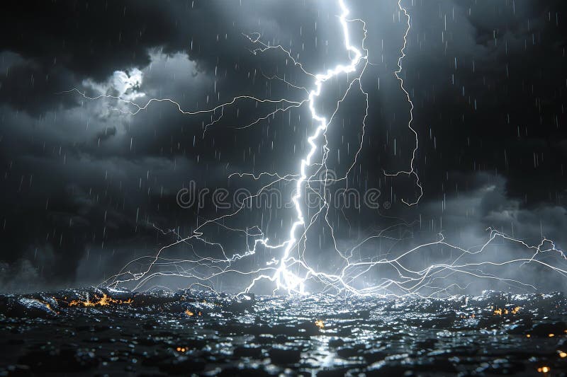 Lightning Striking the Ground Isolated on Black Background, Ing ...