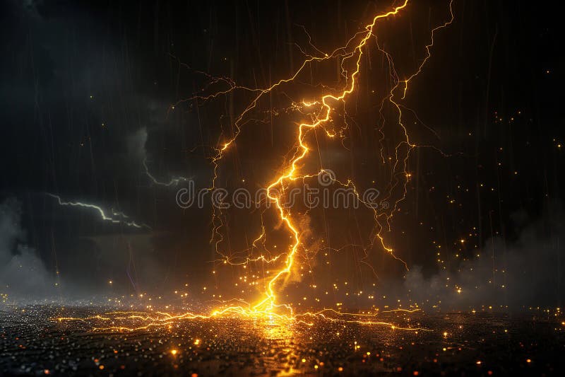 Lightning Striking the Ground Isolated on Black Background, Ing ...