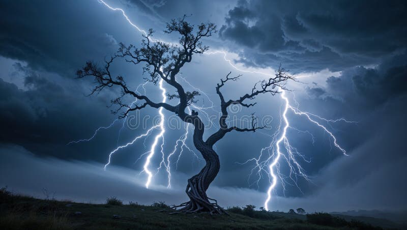 Lightning is Striking a Lonely Tree during a Night Storm Stock ...
