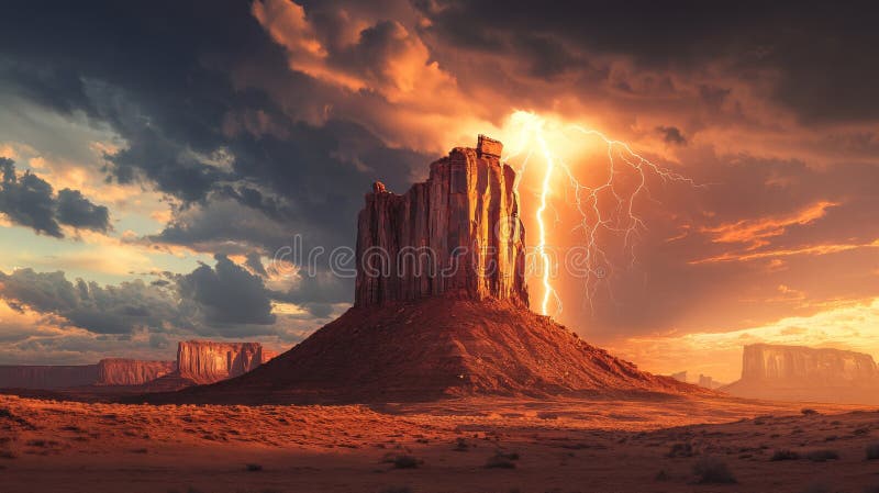 Lightning Striking Monolithic Rock Formation Under Stormy Sky, Desert ...