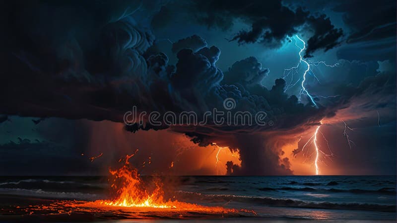 Lightning Striking the Ocean during a Dramatic Storm with Fire on the ...