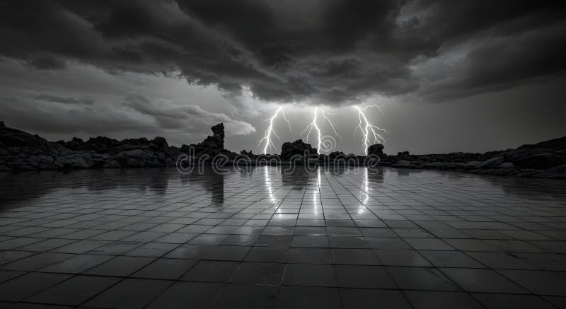 Lightning Striking Over Rocky Landscape Reflection on Wet Tiles Stock ...