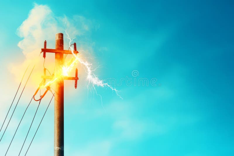 Lightning Striking Power Pole with Bright Blue Sky in Background during ...