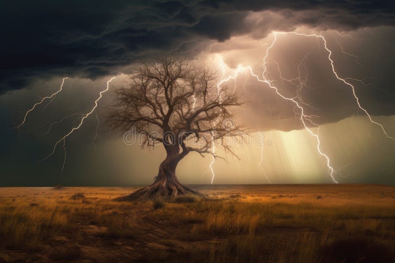 Lightning Striking a Solitary Tree in a Storm Stock Illustration ...
